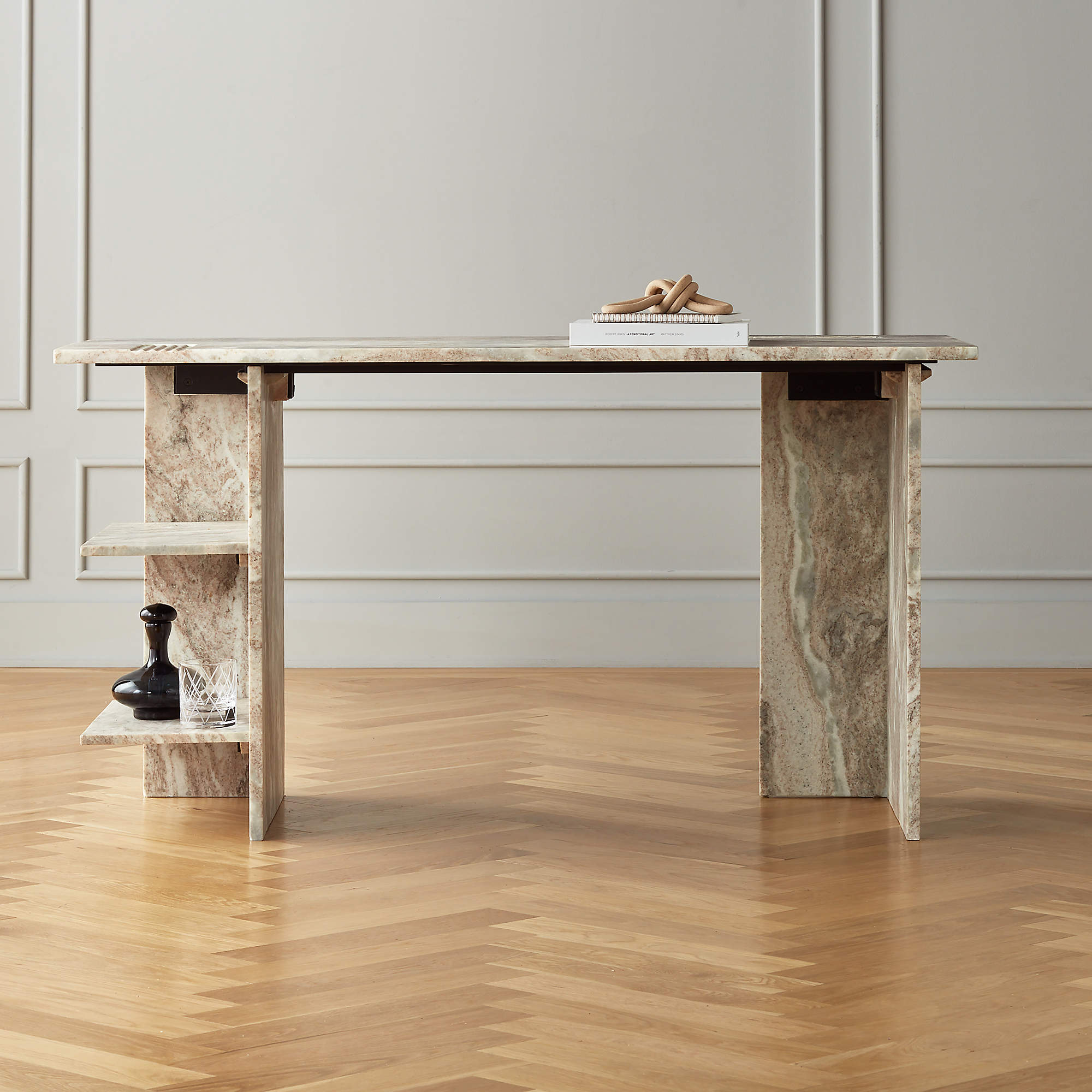 Hera Torrento Brown Marble Desk with Shelves - CB2 | Havenly