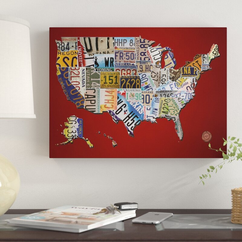 'USA License Plate Map on Billiard Red' Graphic Art Print on Canvas ...