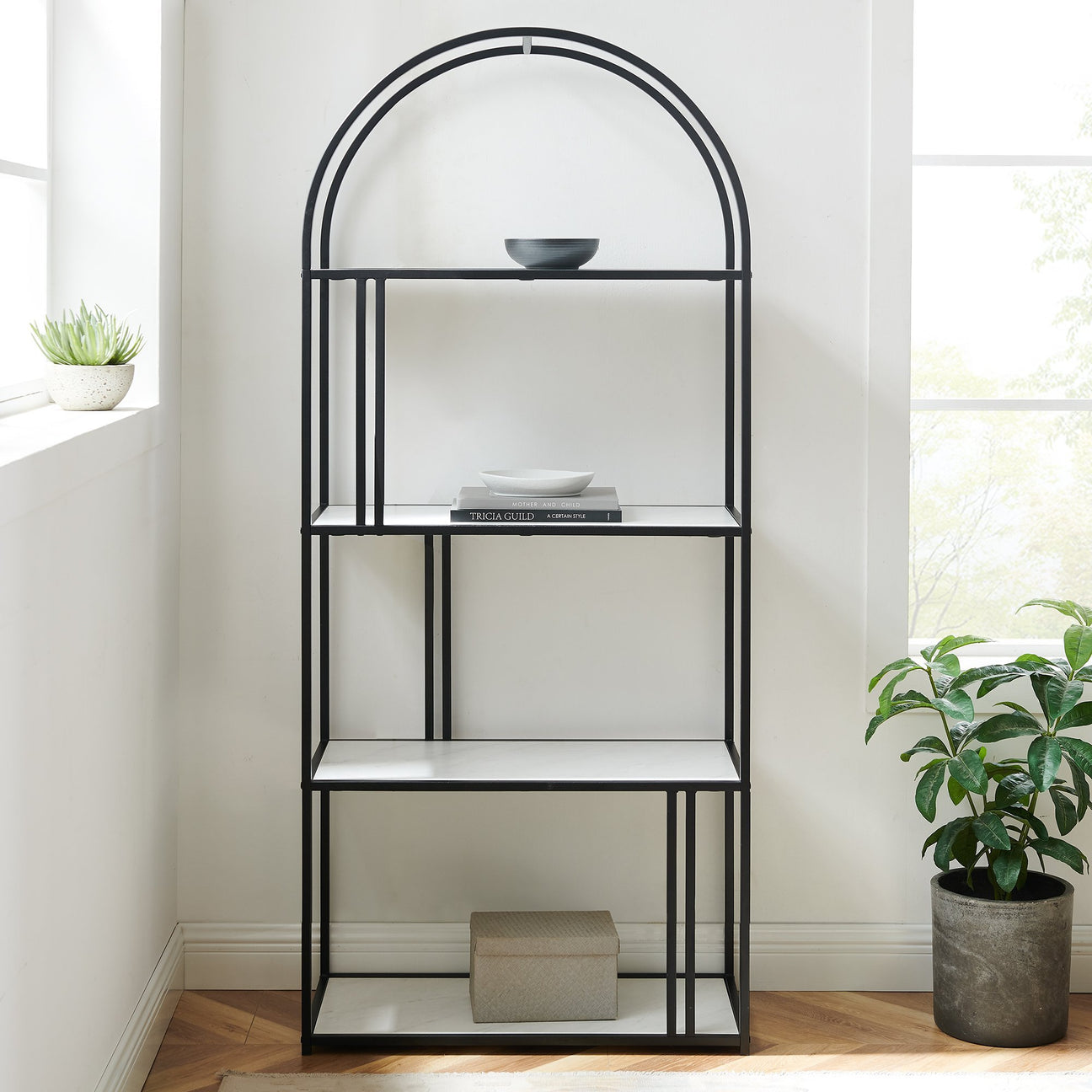 Contemporary Metal Arch Asymmetrical Faux Marble Bookshelf – White Faux ...