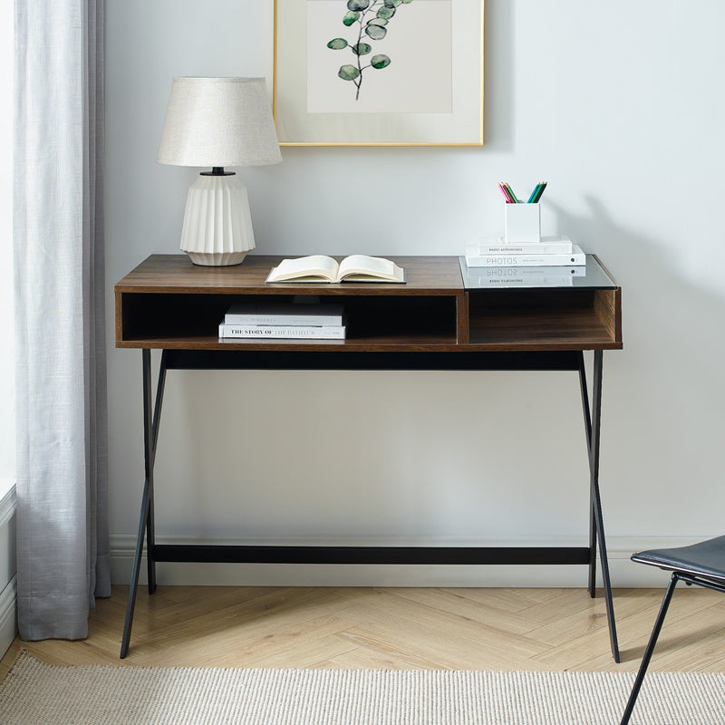 Contemporary Metal-X Leg Glass-Top Computer Desk with Cubby – Dark ...