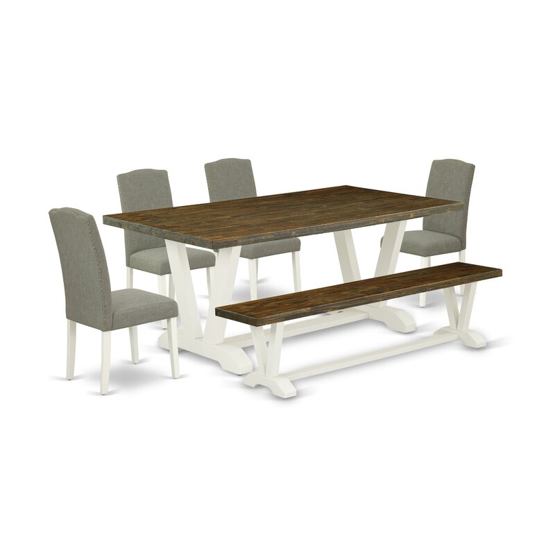 EN-6_6Pc Dining Table Set - A Dining Table, Bench And 4 Linen Fabric ...