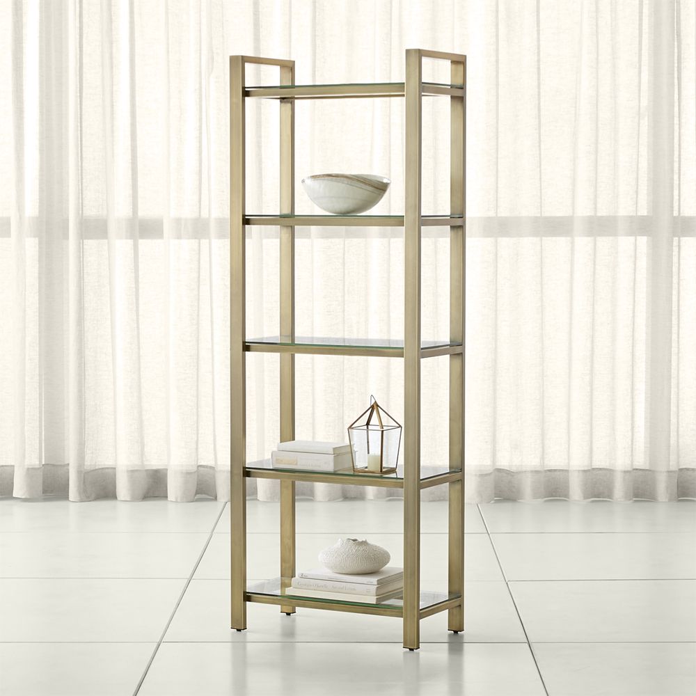Pilsen Brass Bookcase with Glass Shelves - Crate and Barrel | Havenly