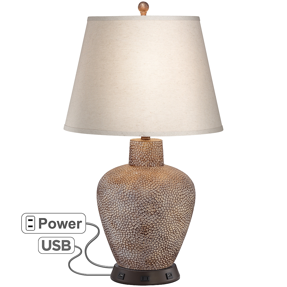 Bentley Brown Hammered Pot Table Lamp with USB Workstation Base - Style ...