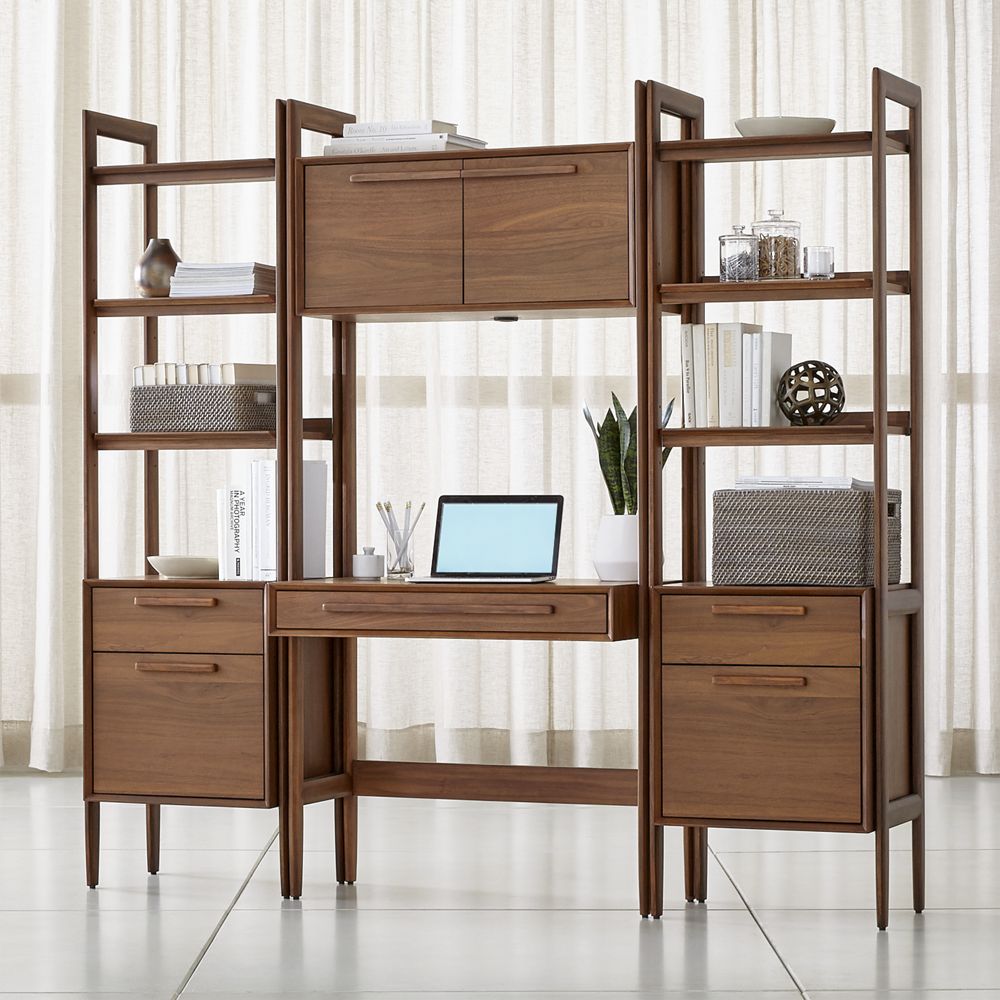 Tate Walnut Bookcase Desk with Outlet with 2 Bookcase File Cabinets ...