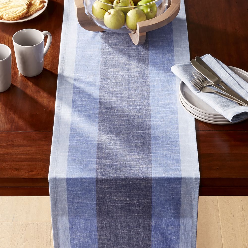 Coast Chambray Blue-Striped Table Runner 120" - Crate and Barrel | Havenly