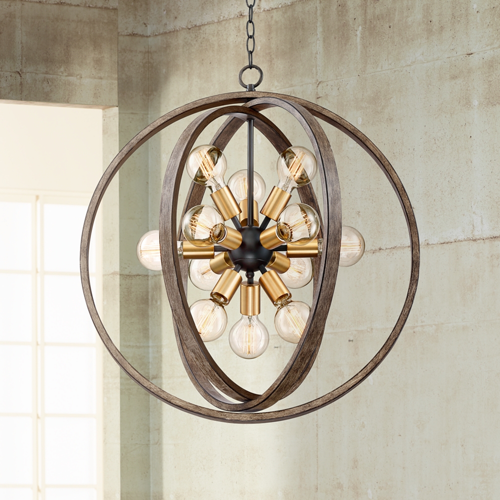 Possini Euro Stedman 25" 12-Light Gold and Wood Sputnik Orb Chandelier ...